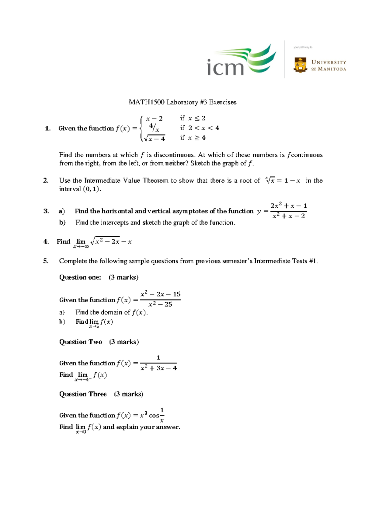 Laboratory #3 Exercises - MATH1500 Laboratory #3 Exercises - Studocu