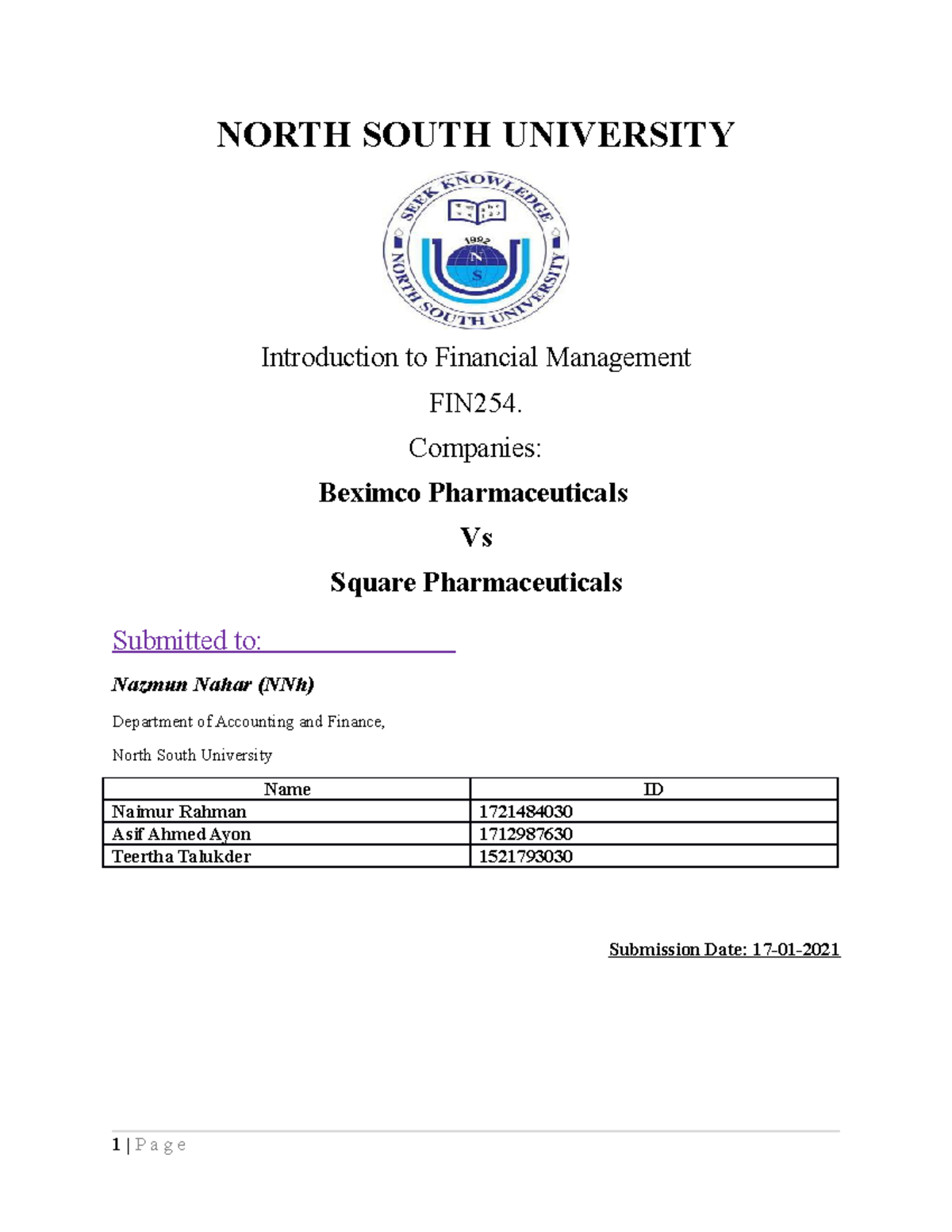 Fin 254 final report 1 - NORTH SOUTH UNIVERSITY Introduction to Financial Management FIN254 ...