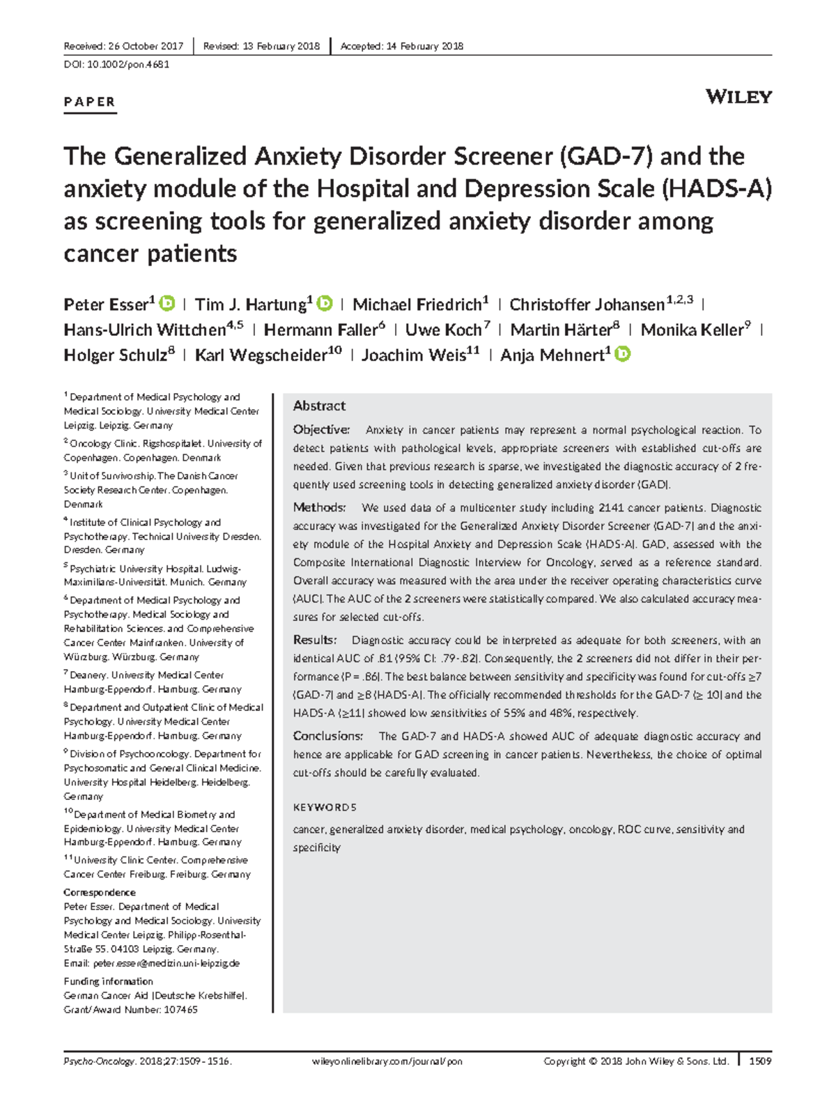 The Generalized Anxiety Disorder Screener (GAD‐7) - Hartung 1 | Michael ...