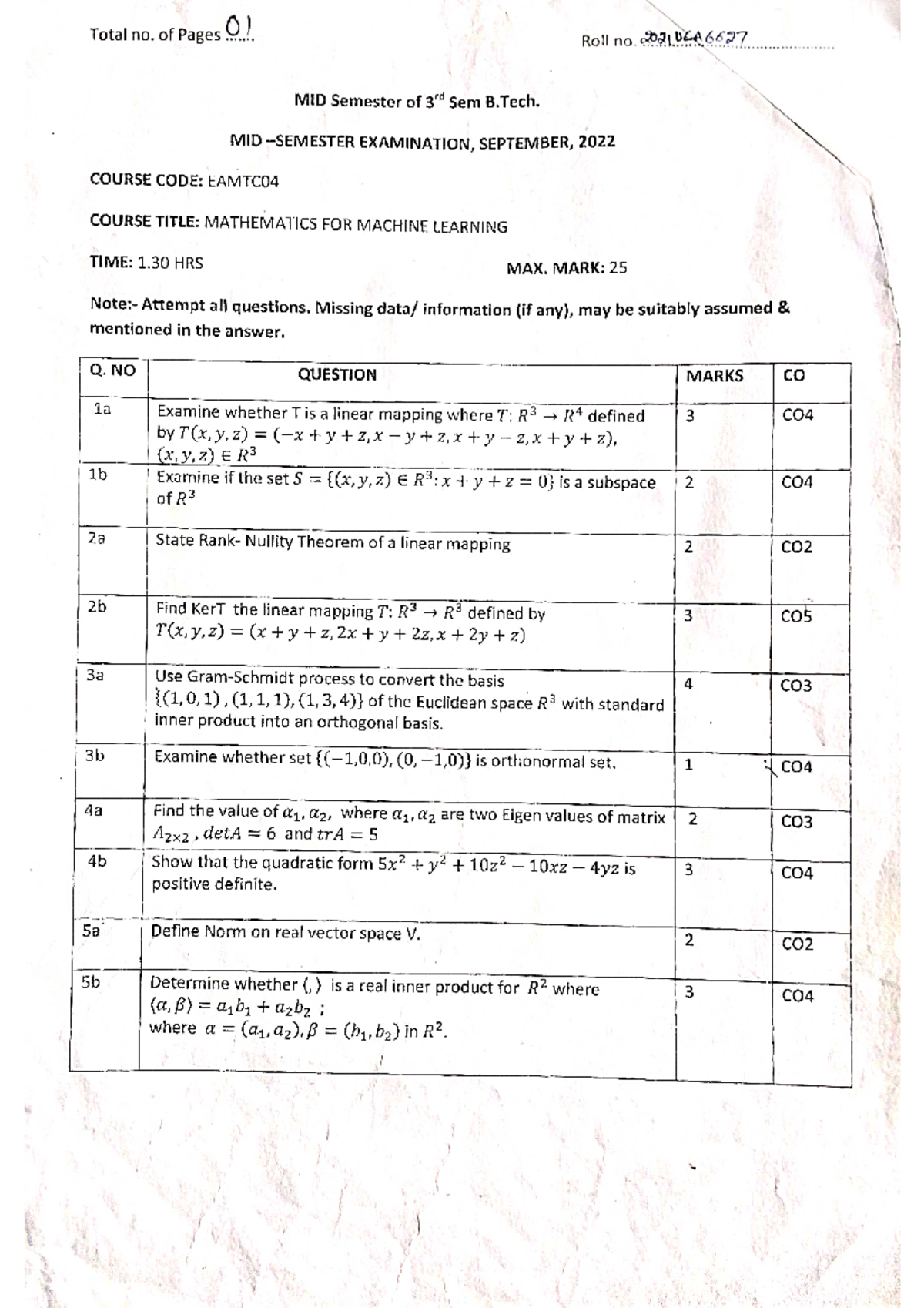 PYQ MID-SEM Sem-3 2022 - Total no. of Pages 01 Roll no. 2021UCA6627 MID Semester of 3rd Sem B ...