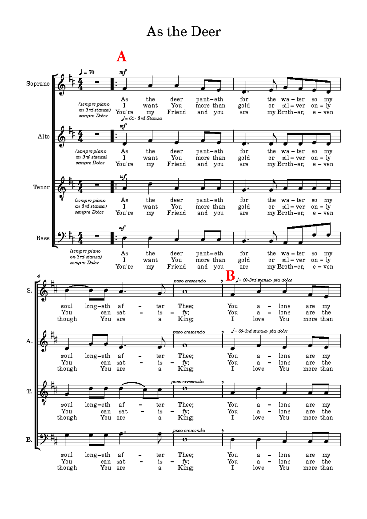 As-the-Deer - Christain song - As the Deer 4 B. Bass T. Tenor A. Alto S ...