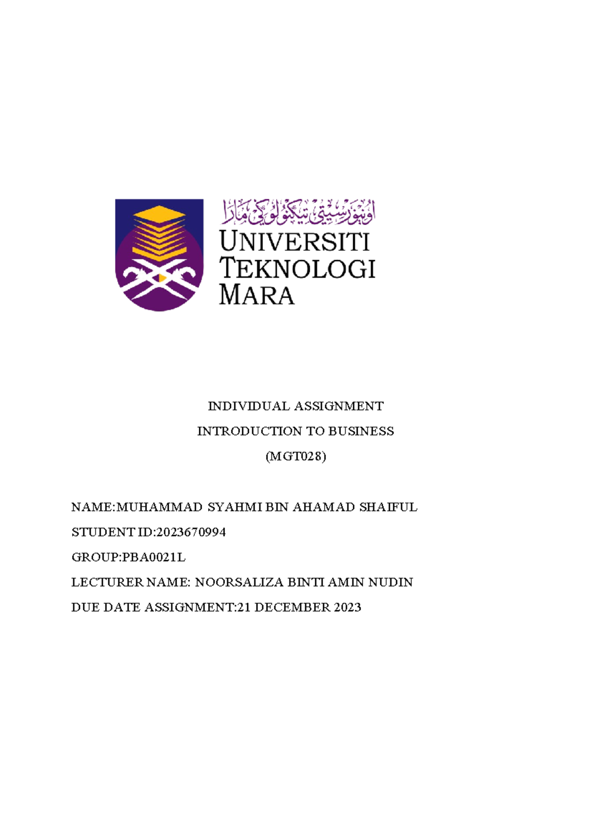 Introduction TO Business Syahmi Complete - INDIVIDUAL ASSIGNMENT ...