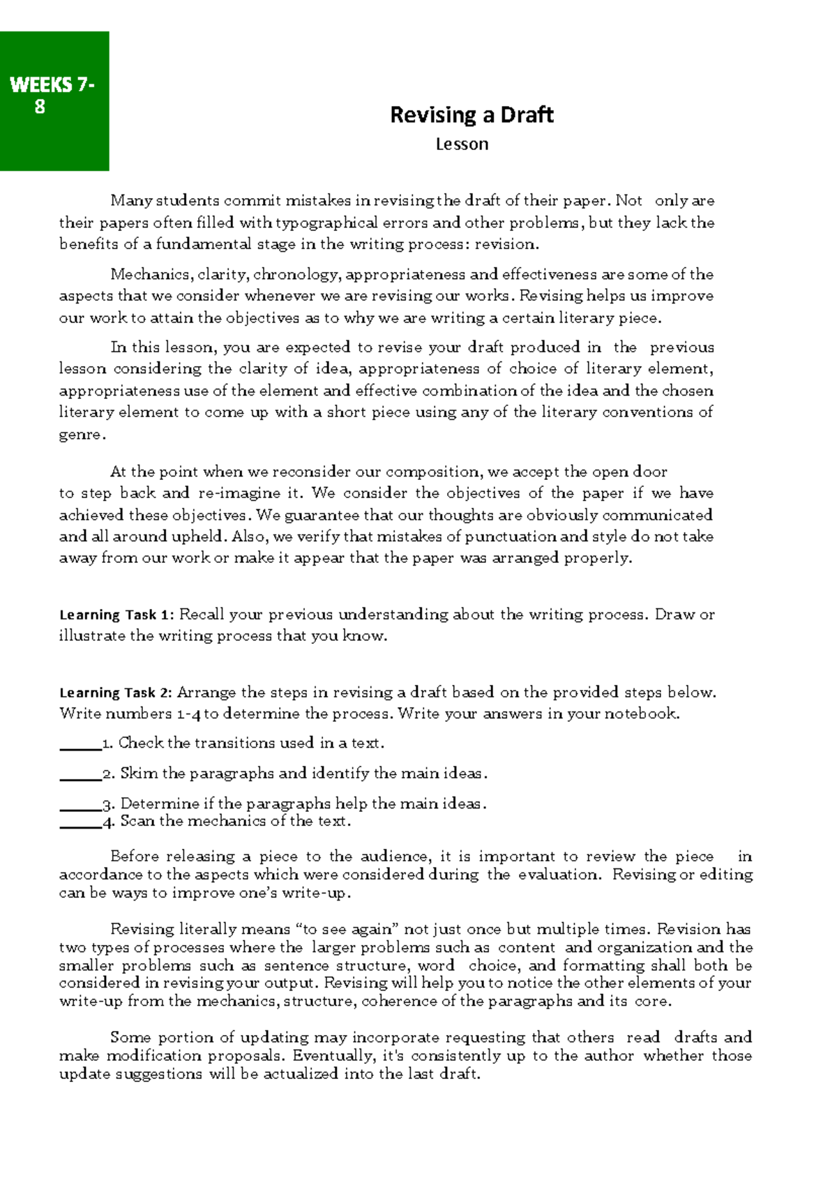 Nonfiction week 7-8 - for practice in writing - Revising a Draft Lesson ...