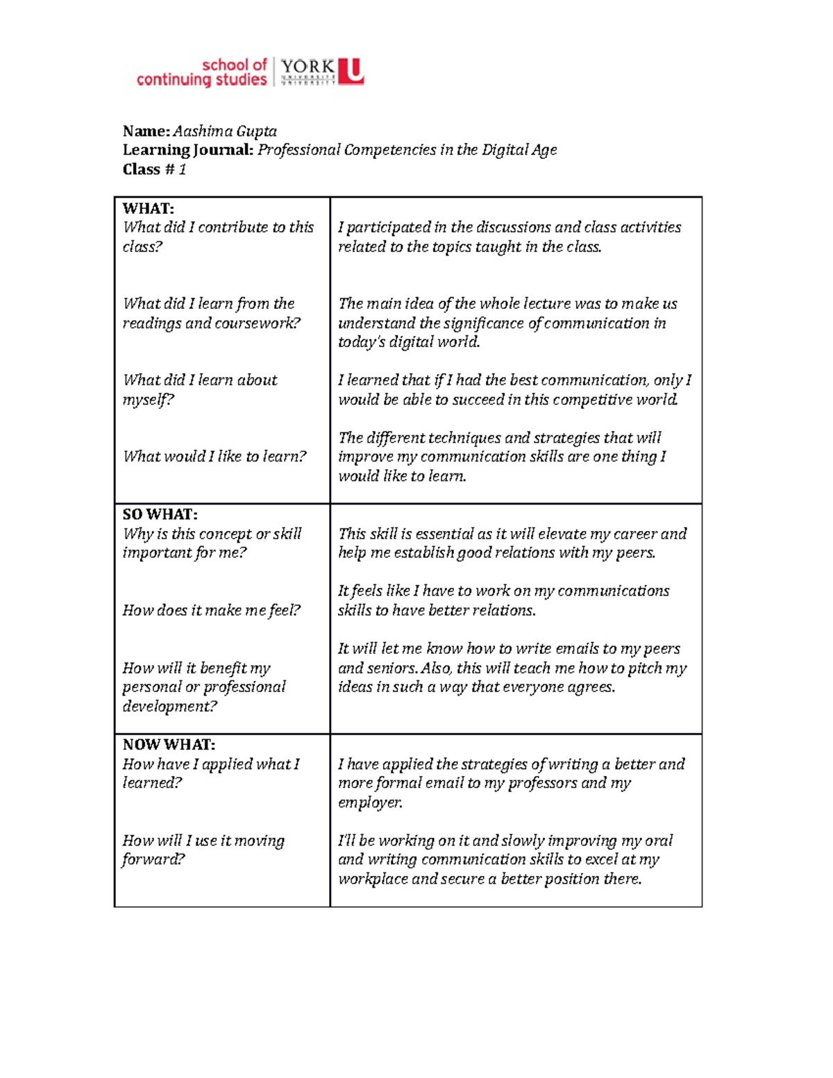 Learning Journal Assignment - CSBA1020 - Yorku - Studocu