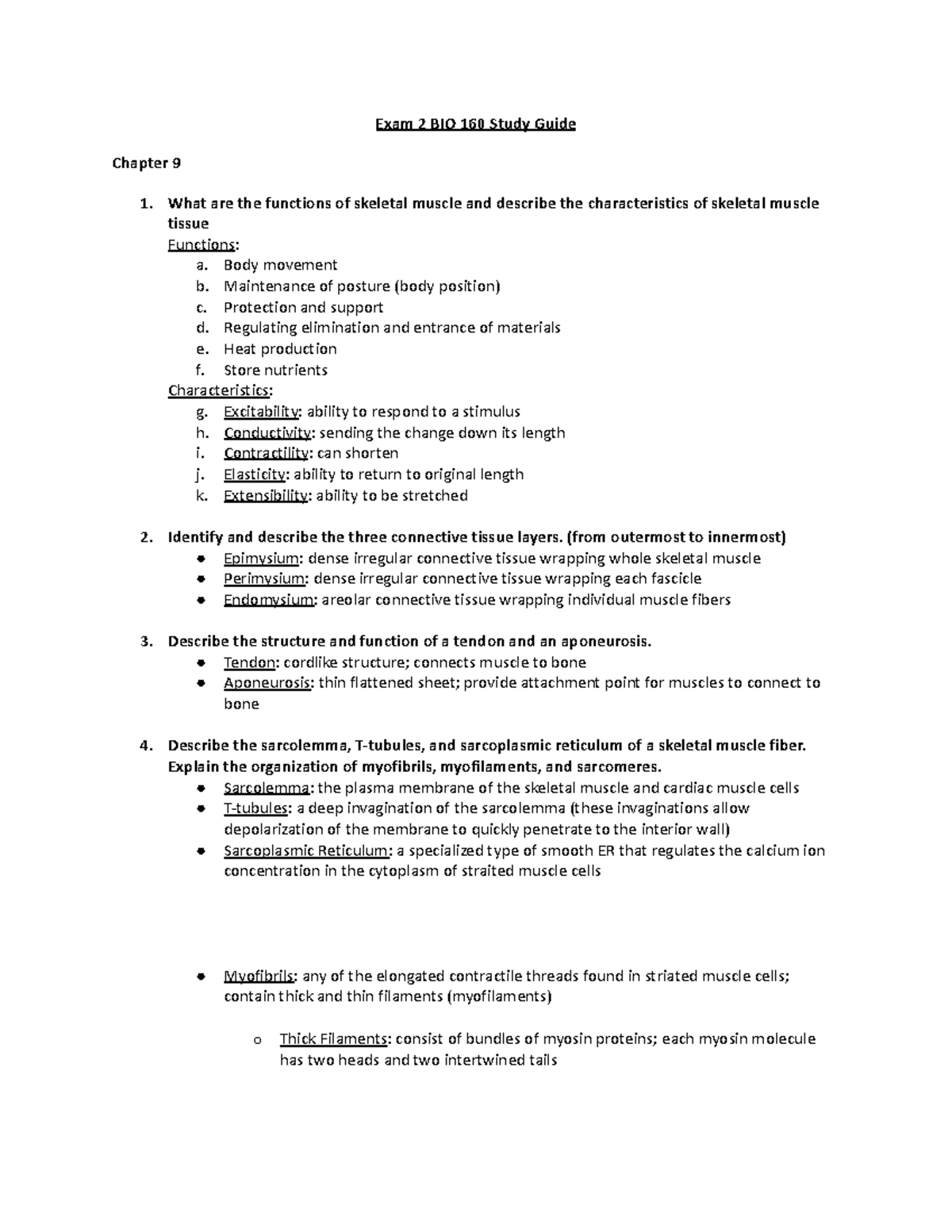 Anatomy Study Guide Exam 2 - Exam 2 BIO 160 Study Guide Chapter 9 1 ...