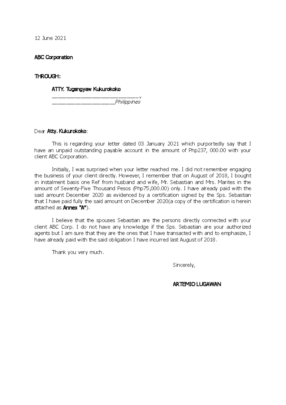 Sample Formal Letter - 12 June 2021 ABC Corporation THROUGH: ATTY ...