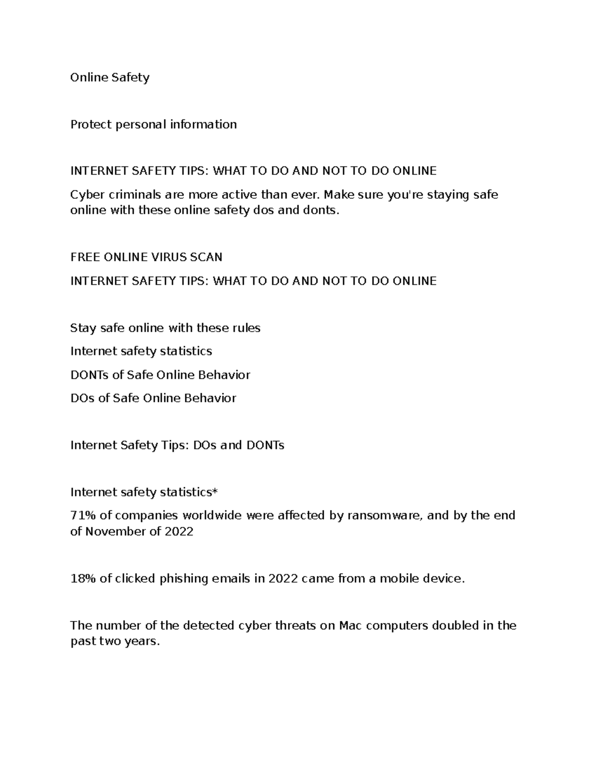 Cyber Security - Online Safety Protect personal information INTERNET ...