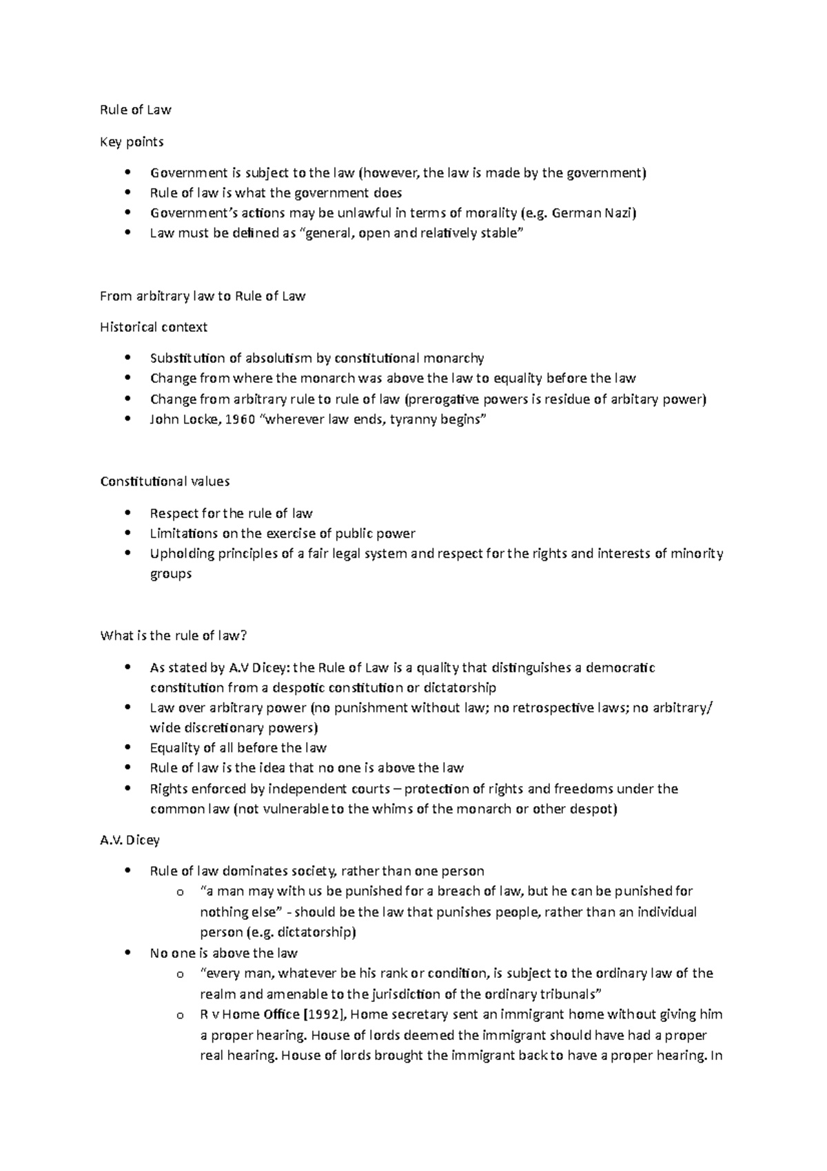 Rule of law - Notes - Rule of Law Key points Government is subject to ...