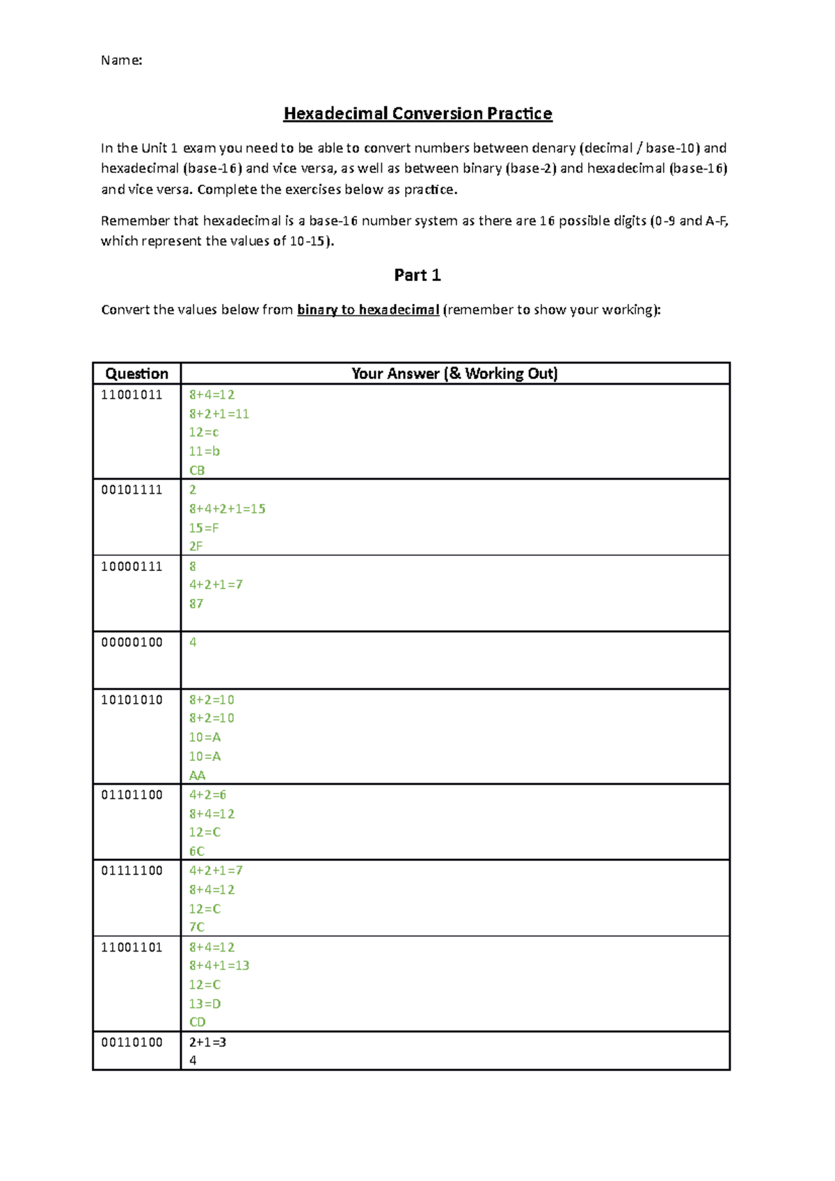 Hexadecimal Conversion Task - Hexadecimal Conversion Practice In the ...