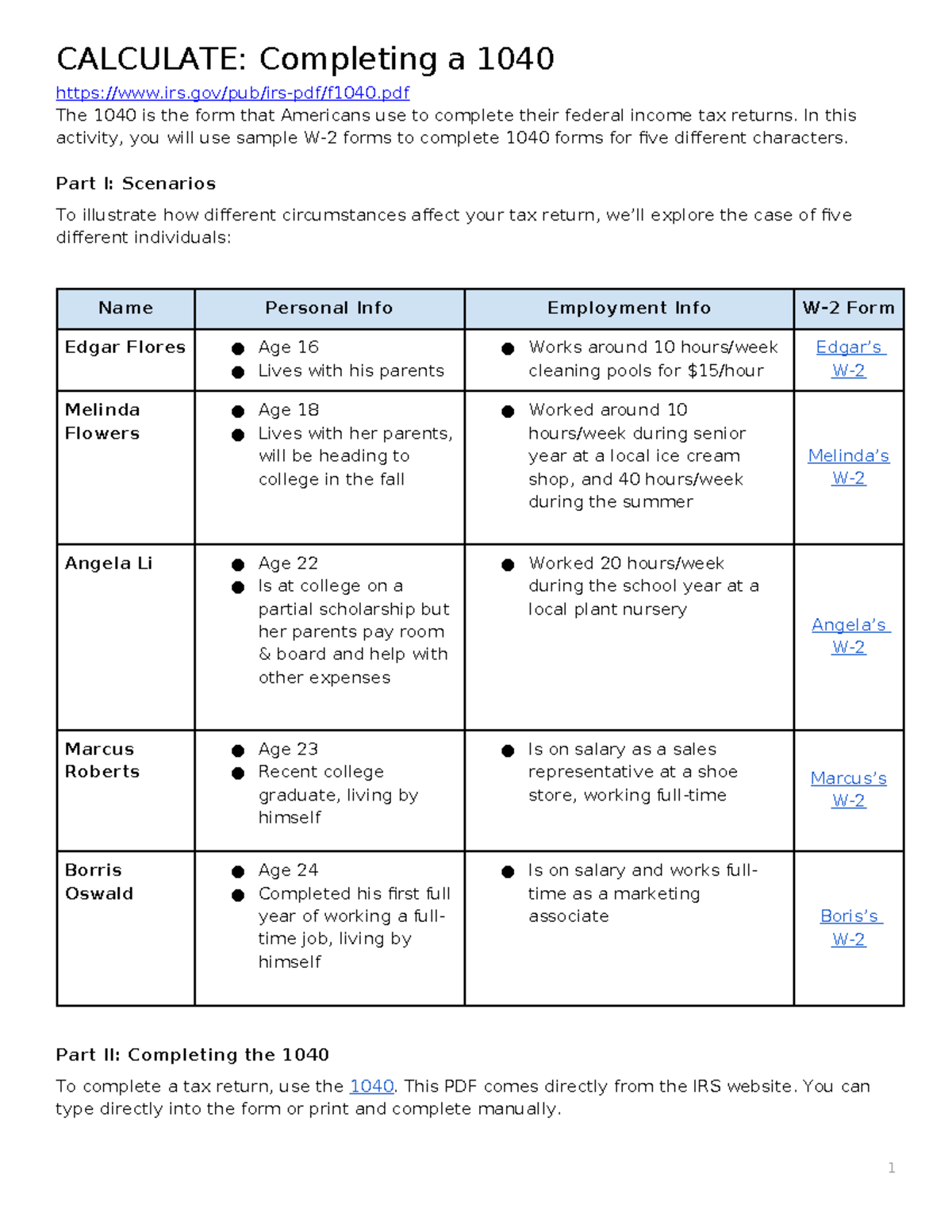 Pfl Earning Completing A 1040 Activty Calculate Completing A 1040