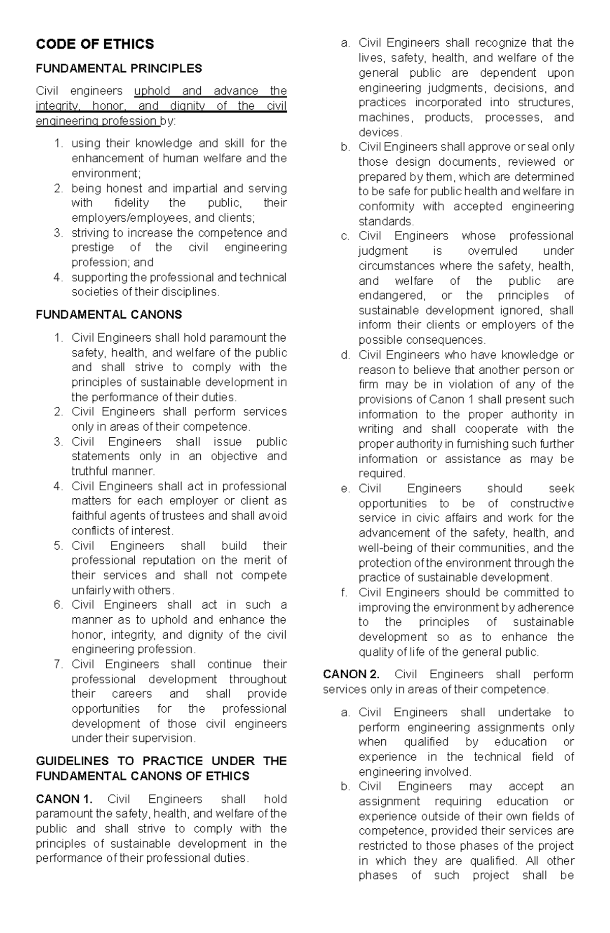 CODE OF Ethics AND Canon - CODE OF ETHICS FUNDAMENTAL PRINCIPLES Civil ...