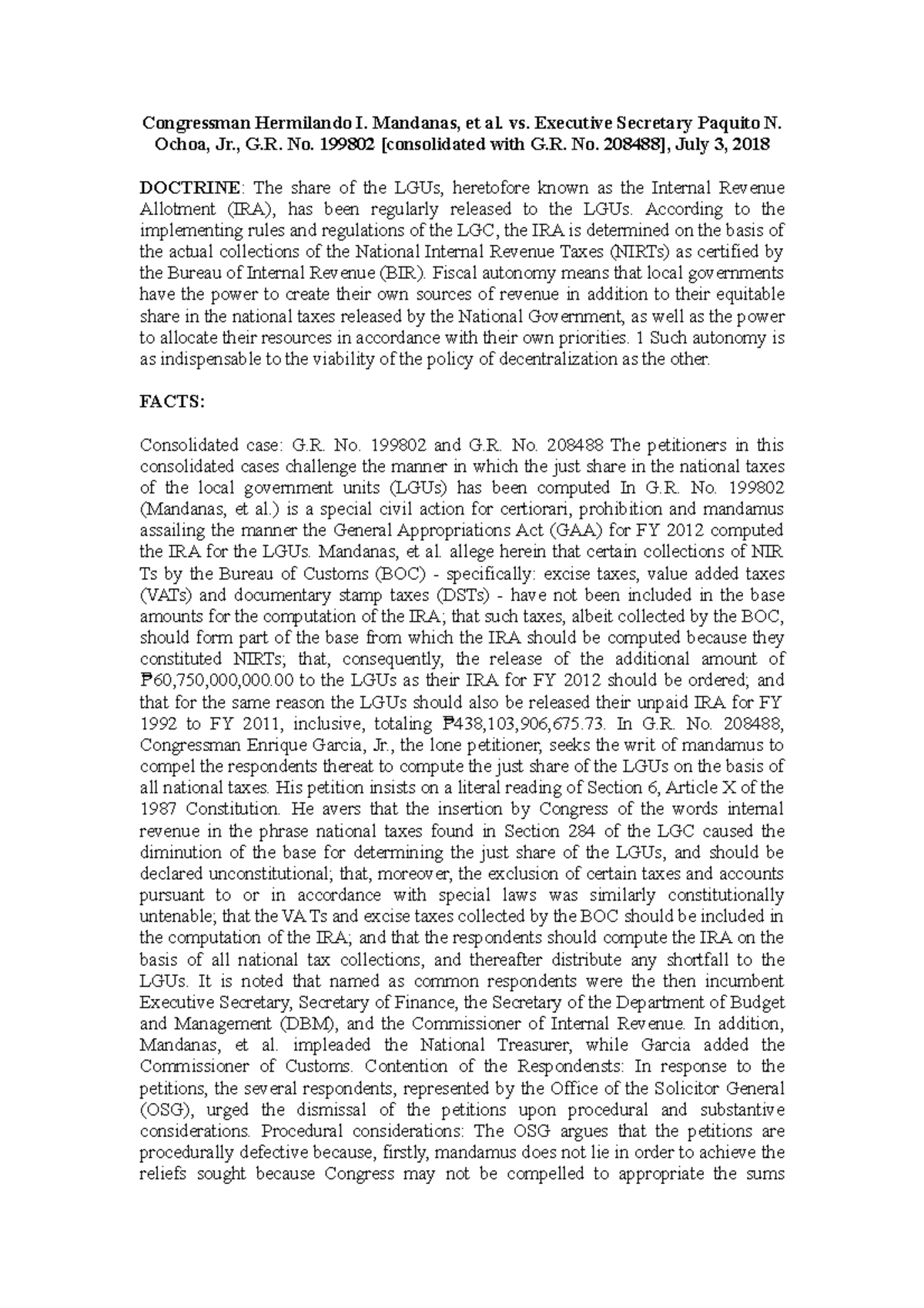 Mandanas Ruling on IRA - Congressman Hermilando I. Mandanas, et al. vs ...