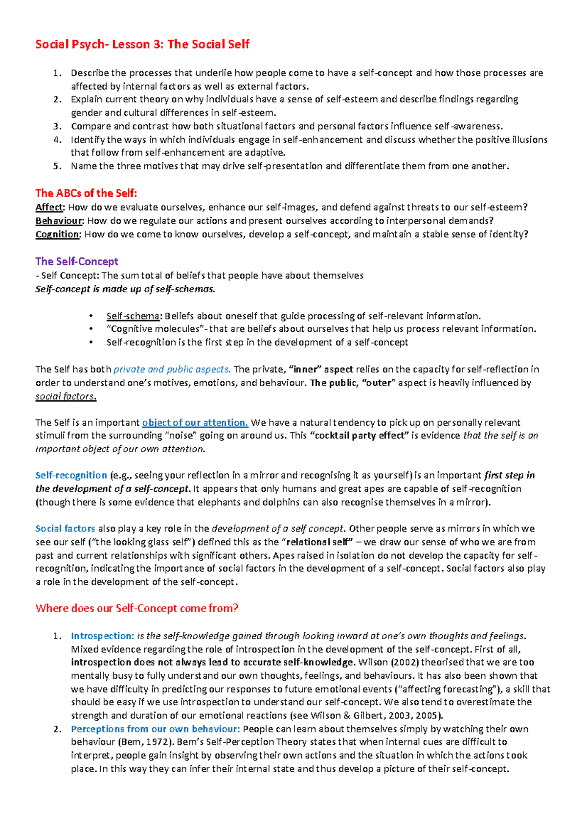 The social self - Social Psych- Lesson 3: The Social Self Describe the ...