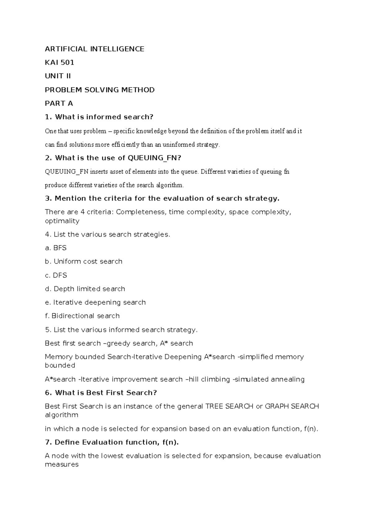 Ai Unit2 Question Bank With Solution Artificial Intelligence Kai 501 Unit Ii Problem Solving 