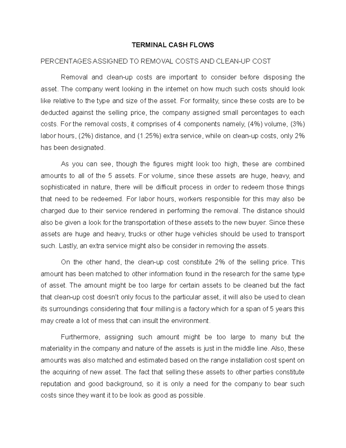 Answers to Terminal Cash Flow - TERMINAL CASH FLOWS PERCENTAGES ...