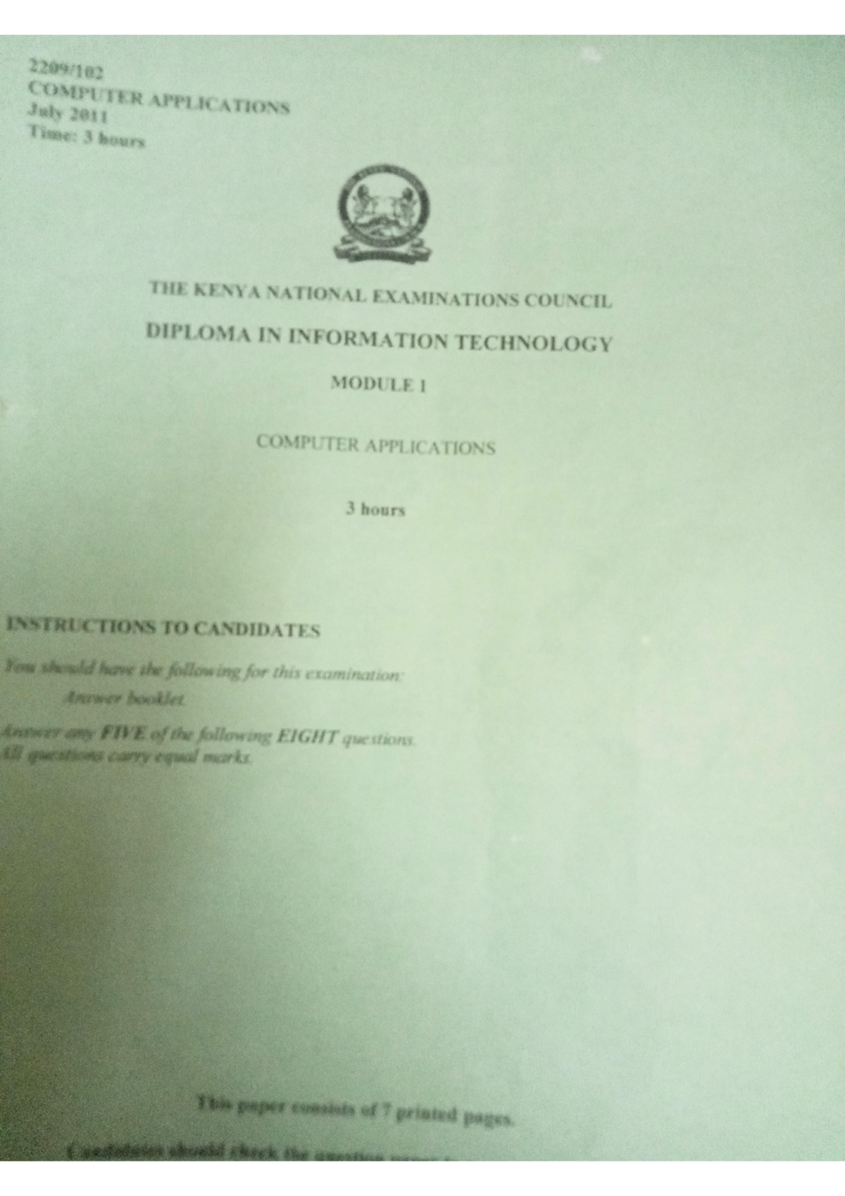 Comp app 11 - REVISION NOTES - COMPUTER APPLICATIONS July 2011 Time: 3 ...