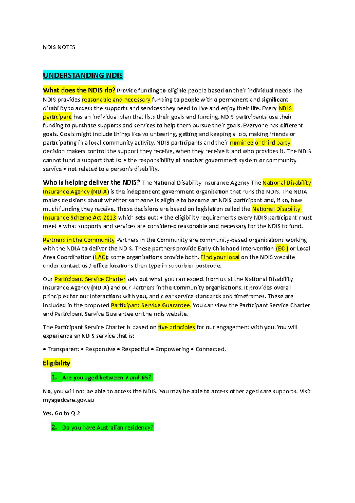 NDIS National Disability Training Notes - NDIS NOTES UNDERSTANDING NDIS ...