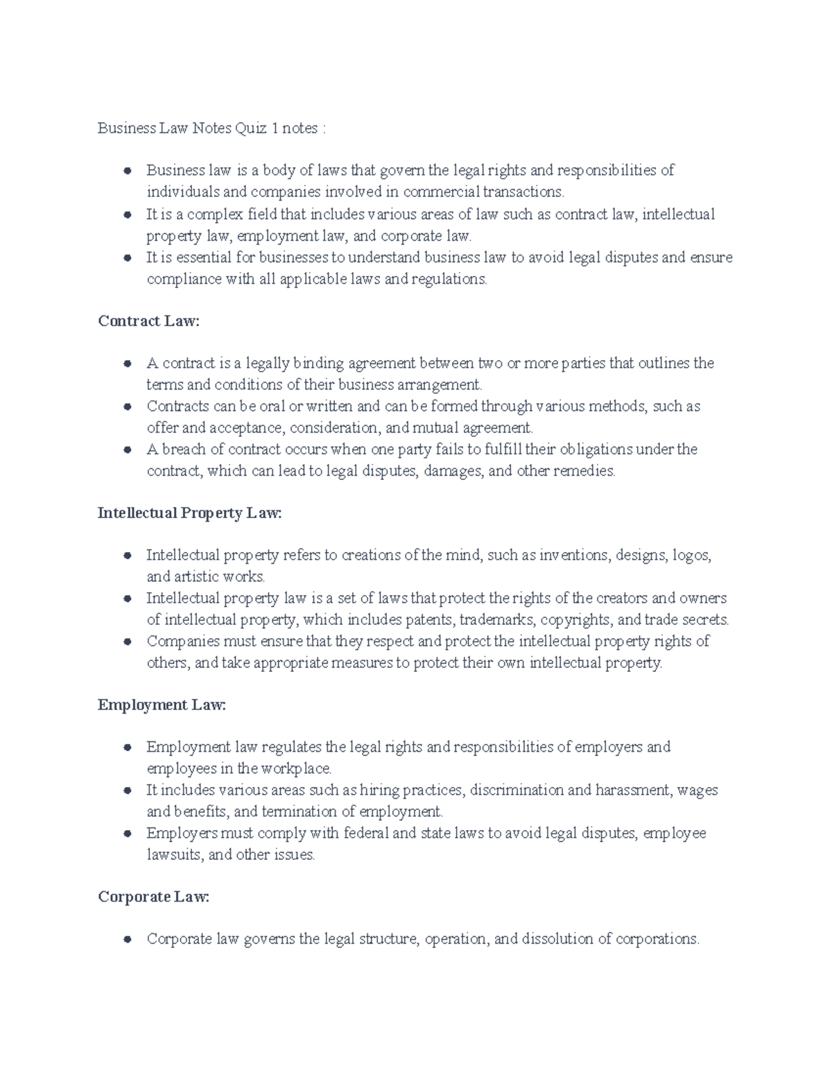 BL quiz 1 notes - Business Law Notes Quiz 1 notes : Business law is a ...