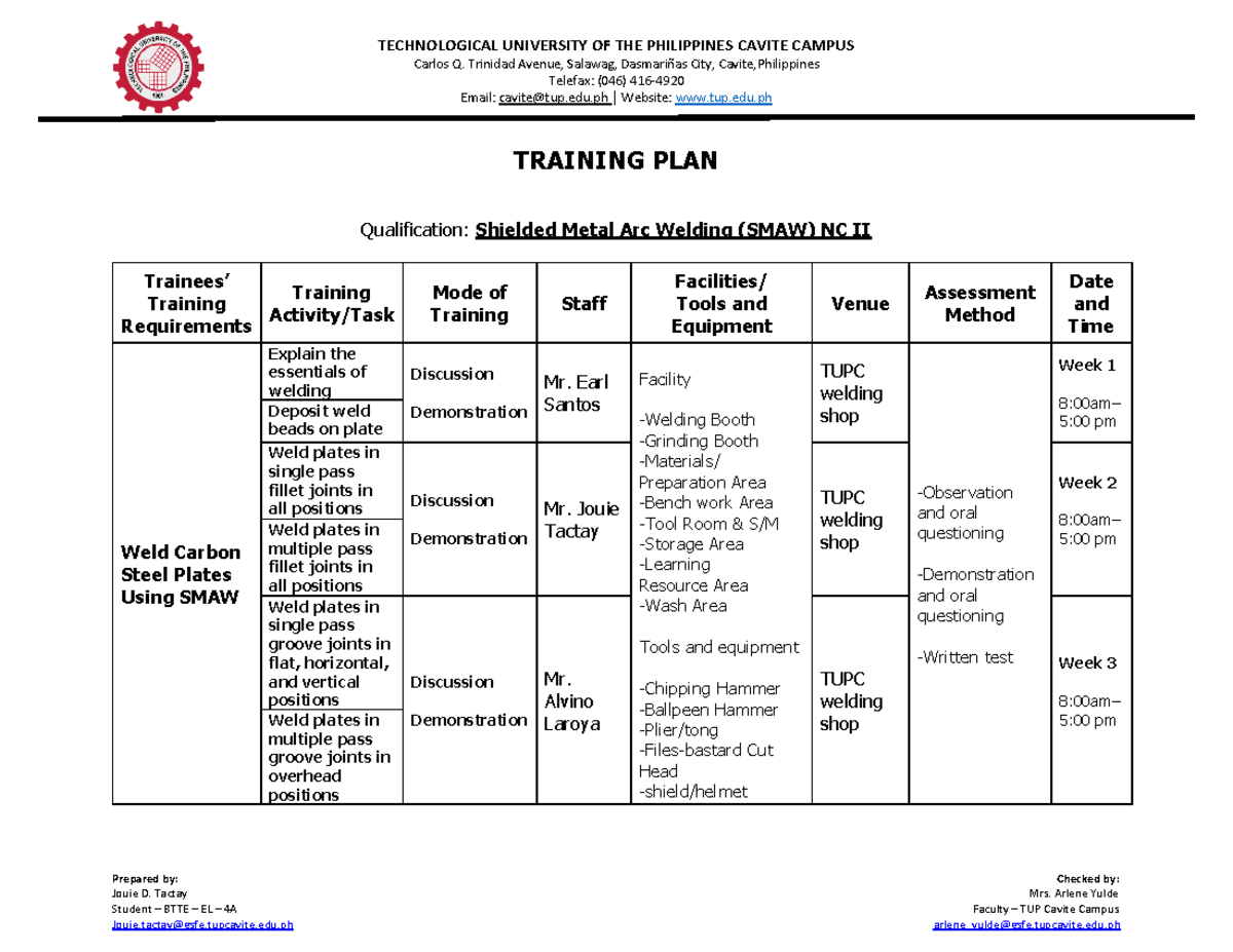 Tactay Training PLAN - TECHNOLOGICAL UNIVERSITY OF THE PHILIPPINES ...