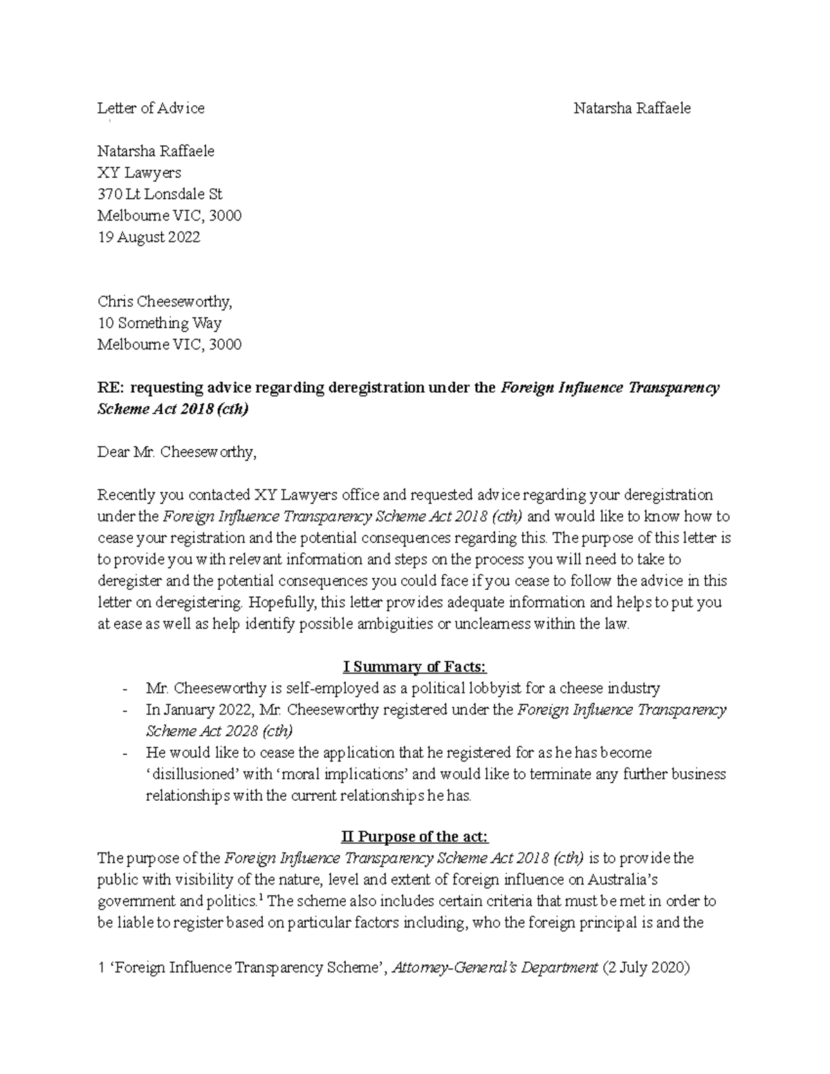 Assessment 3- letter of advice - Letter of Advice Natarsha Raffaele ...