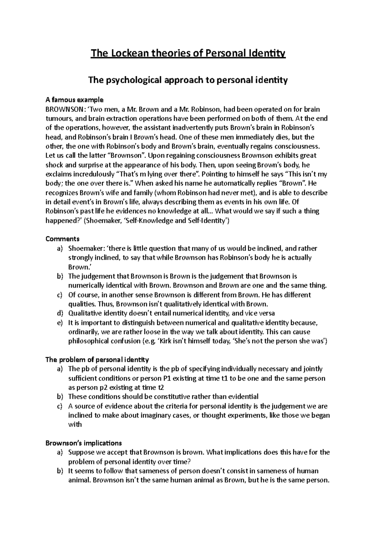 The Lockean theories of Personal Identity - Brown and a Mr. Robinson ...