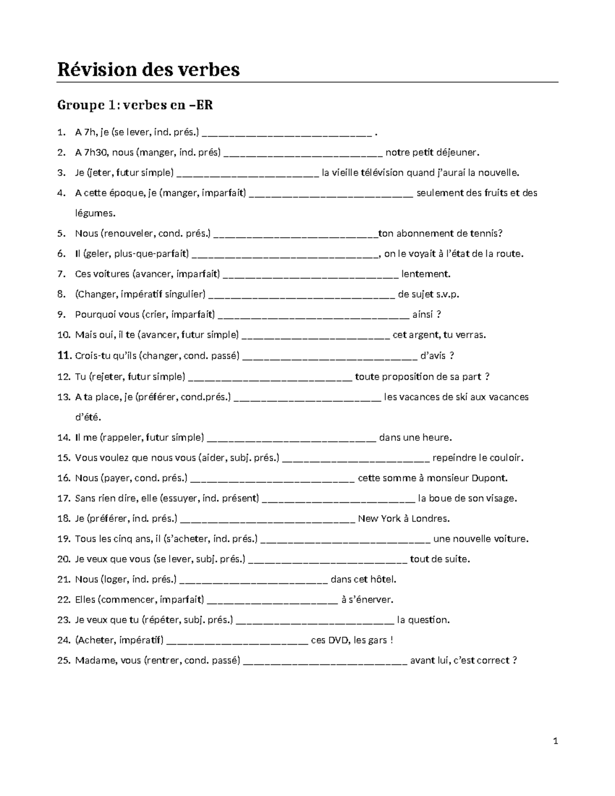 Révision des verbes (septembre 2024) - Révision des verbes Groupe 1 ...