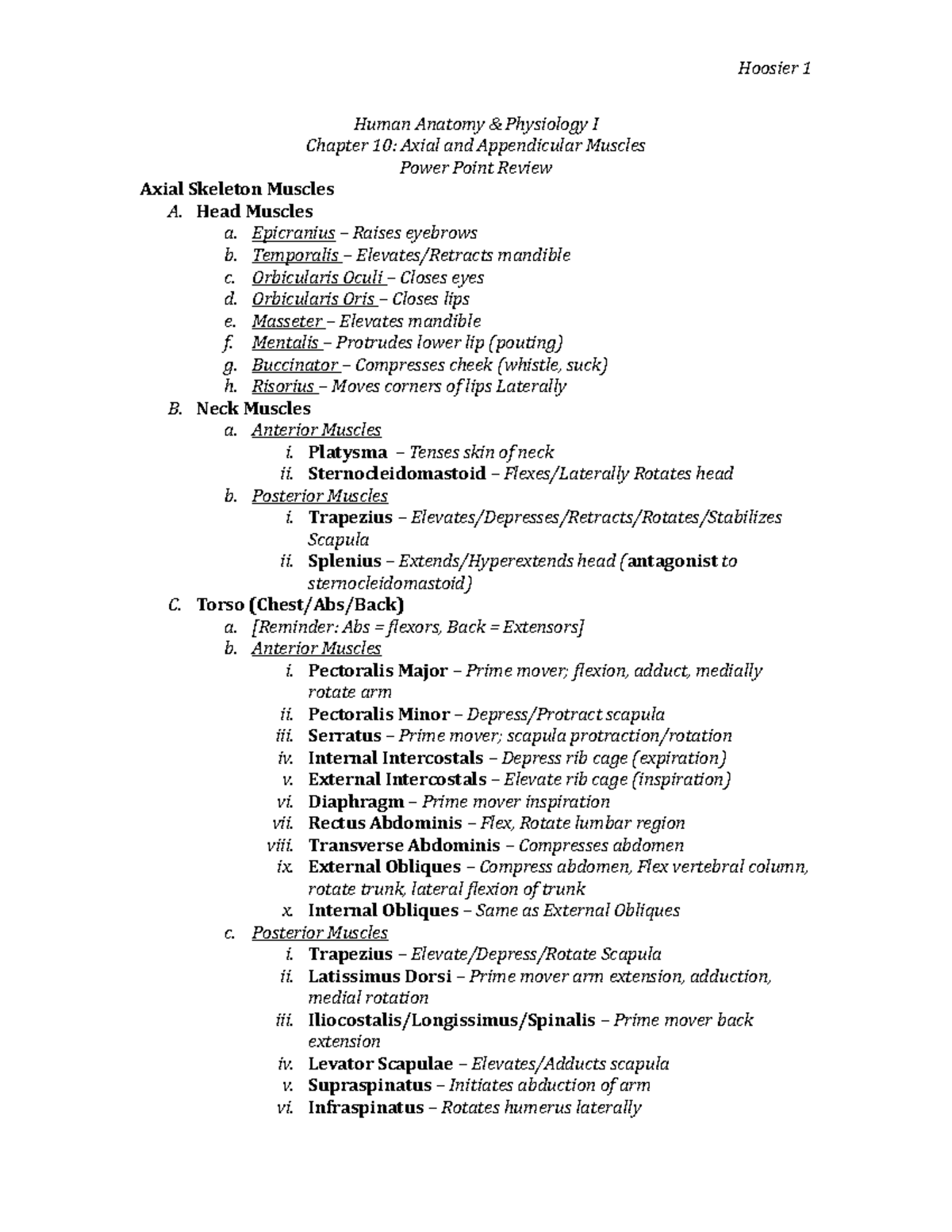 Chapter 10 Power Point Notes - Human Anatomy & Physiology I Chapter 10 ...