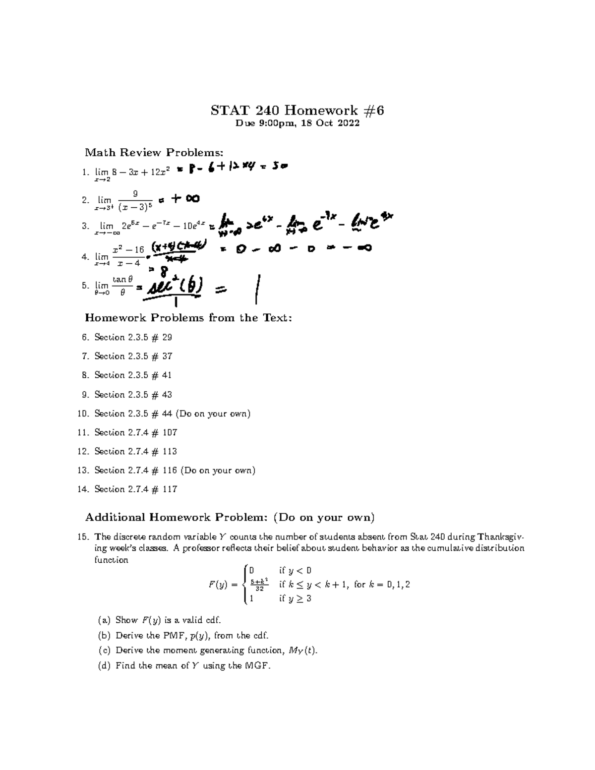 Stat 240 HW#6 - Homework 6 - STAT 240 Homework # Due 9:00pm, 18 Oct ...