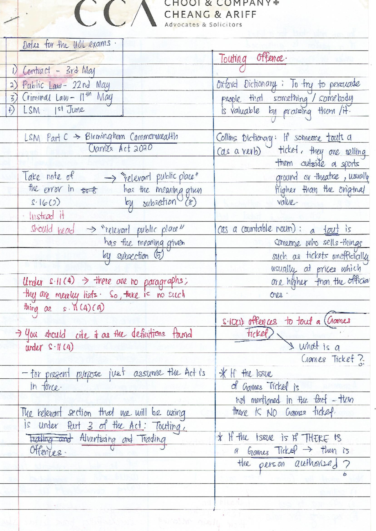 Birmingham Games Act Handwritten Notes - CHOOT COMPANY CCA CHEANG ARIFF ...