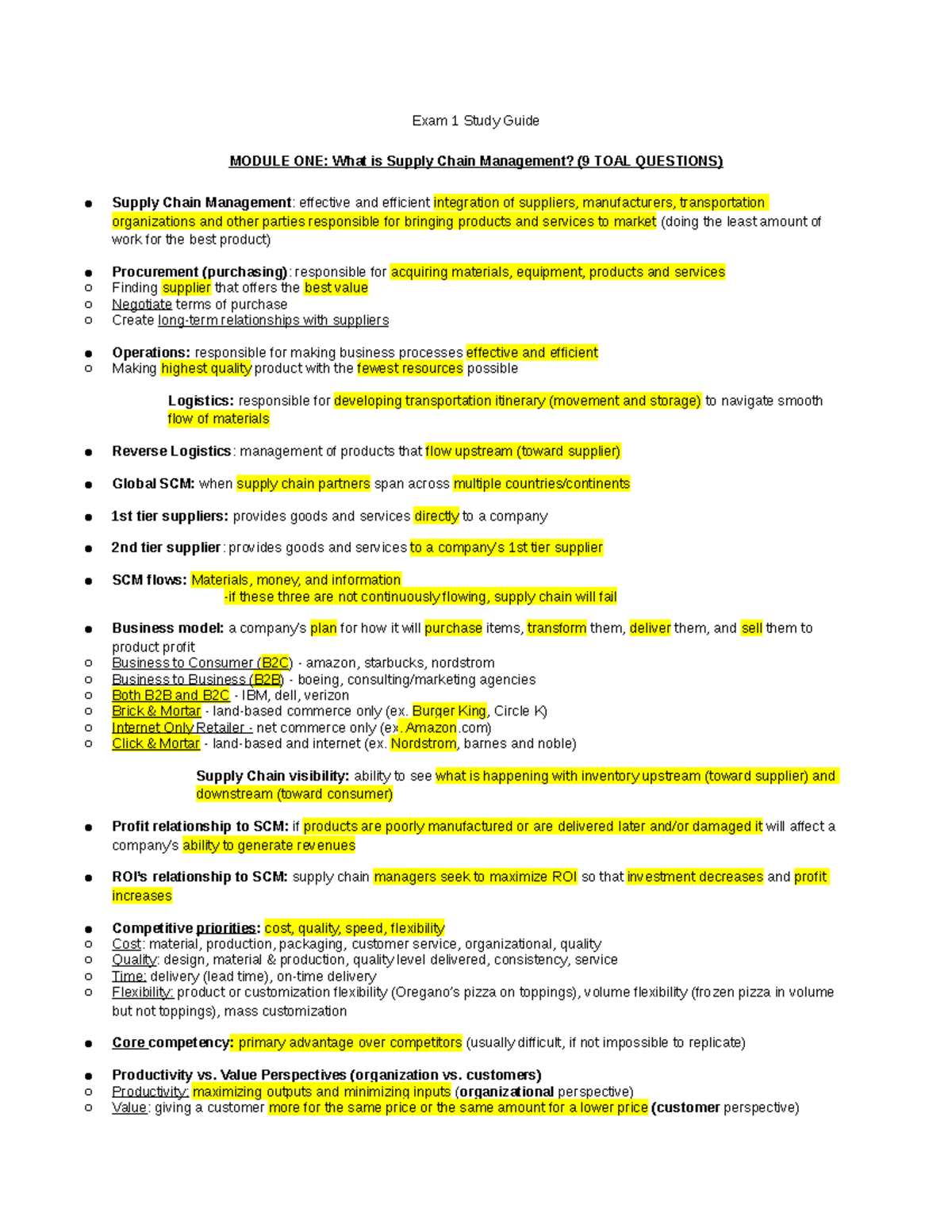 Docx - M/C with answers - Exam 1 Study Guide MODULE ONE: What is Supply ...