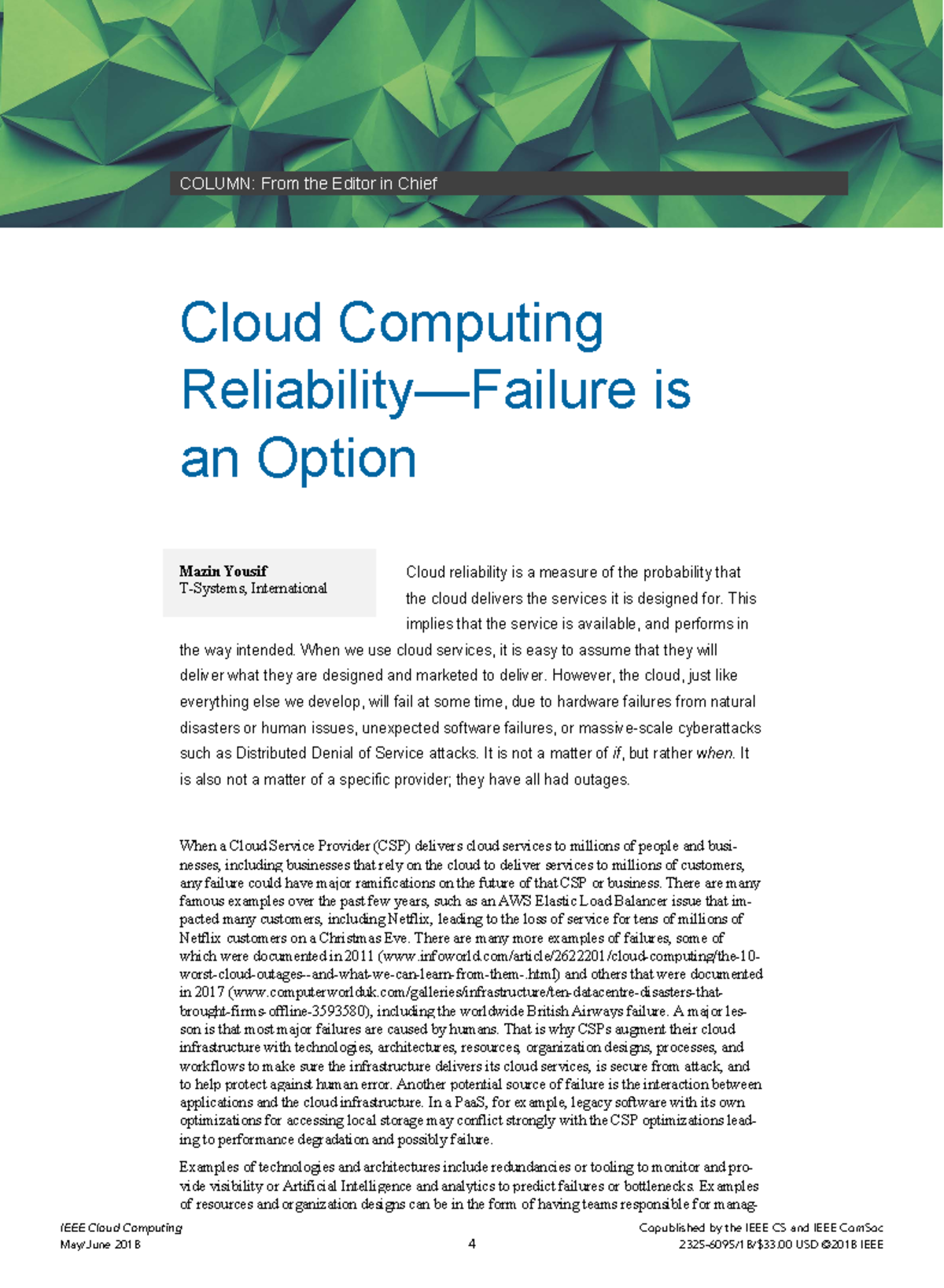 Cloud Computing Reliability Failure is an Option - COLUMN: From the ...