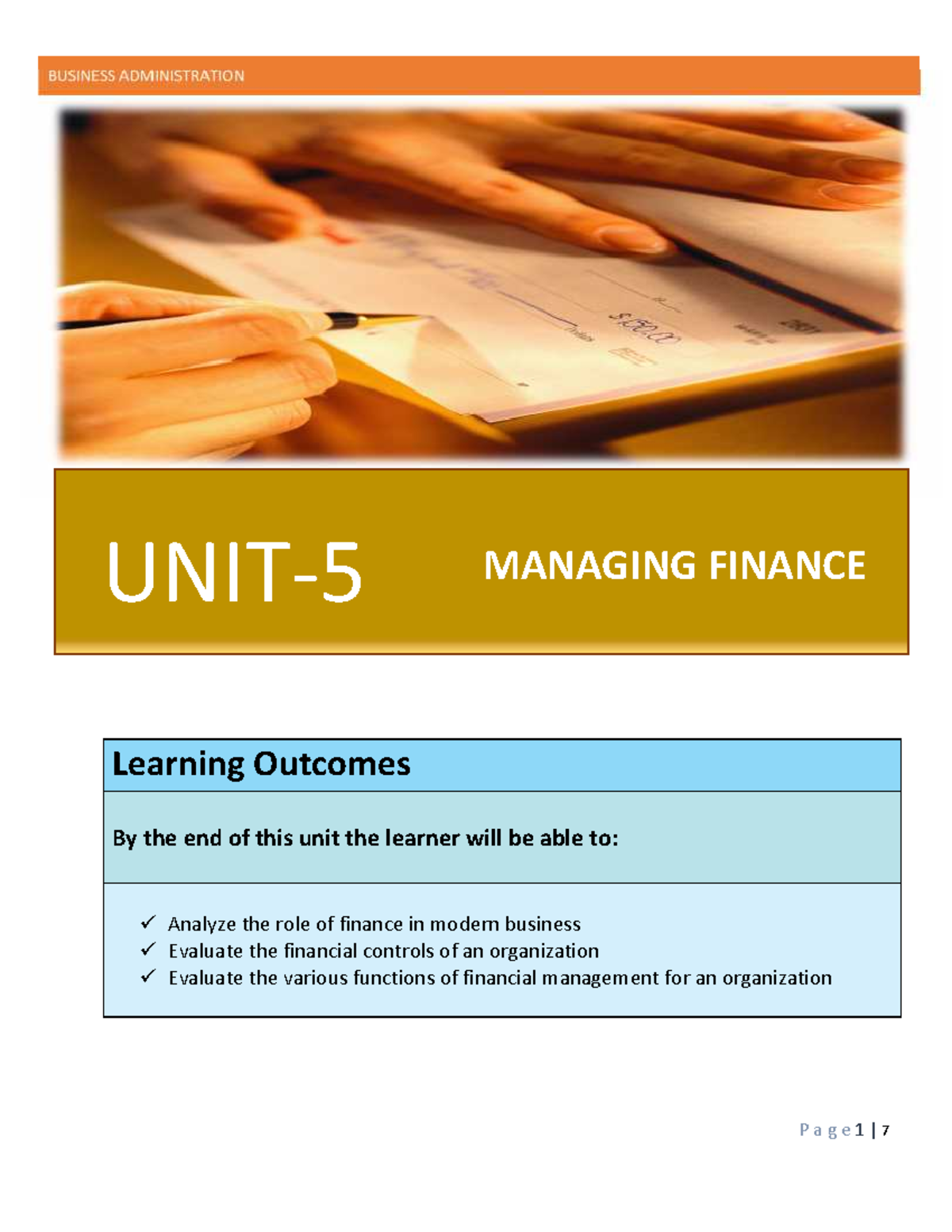 2064124356 Unit 5 Managing Finance - BUSINESS ADMINISTRATION MANAGING ...