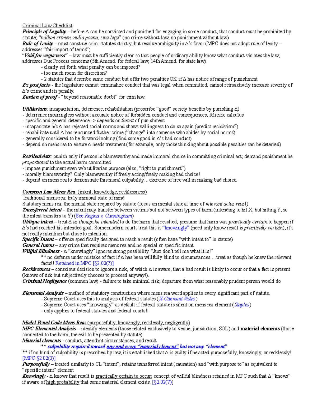 Crim Law Checklist-Bibas - Criminal Law Checklist Principle of Legality ...