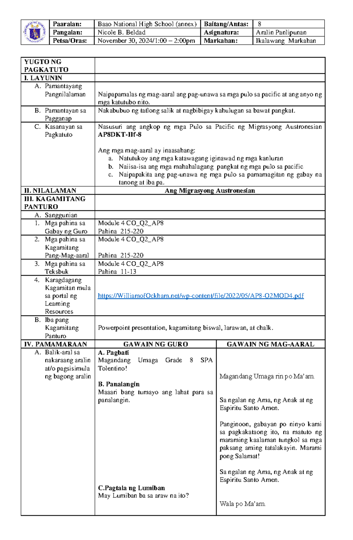 Lesson-Plan-COT2 - Lesson plan - YUGTO NG PAGKATUTO I. LAYUNIN A ...