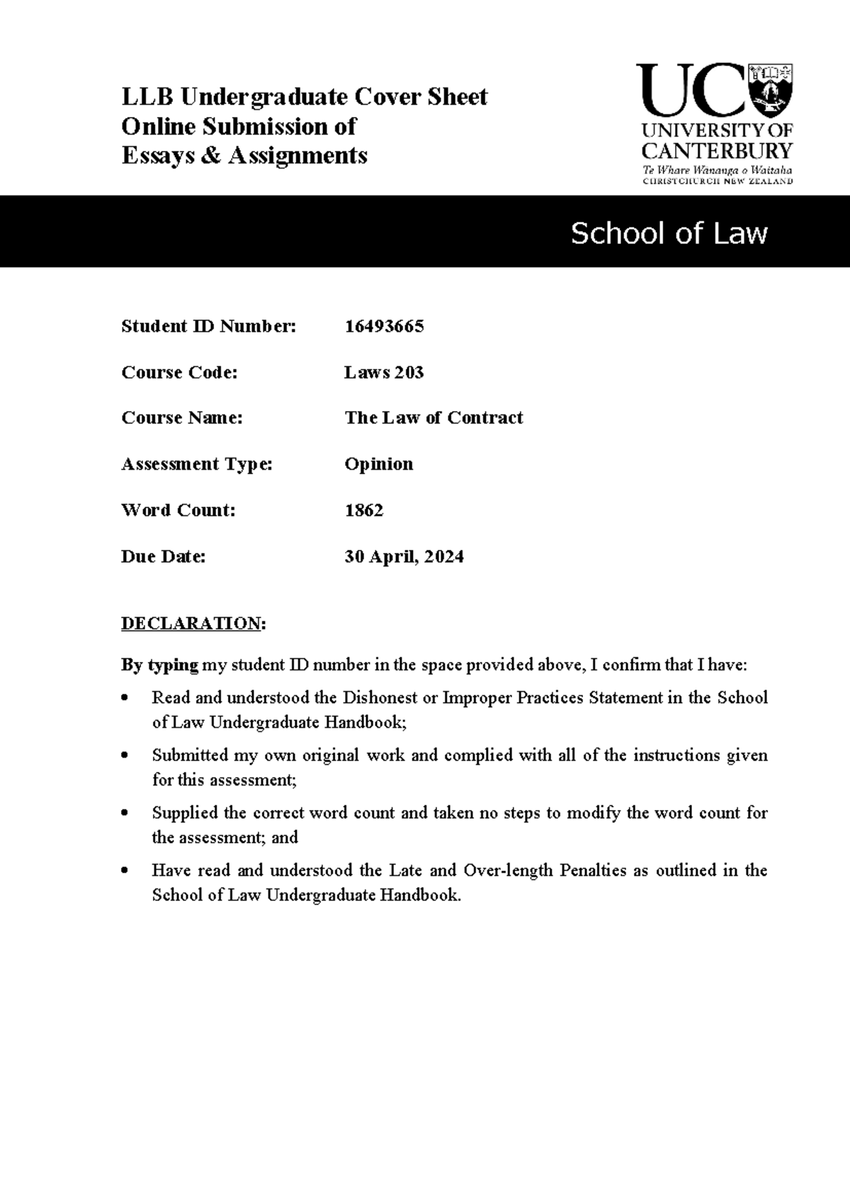 Opinion Final - LLB Undergraduate Cover Sheet Online Submission of ...