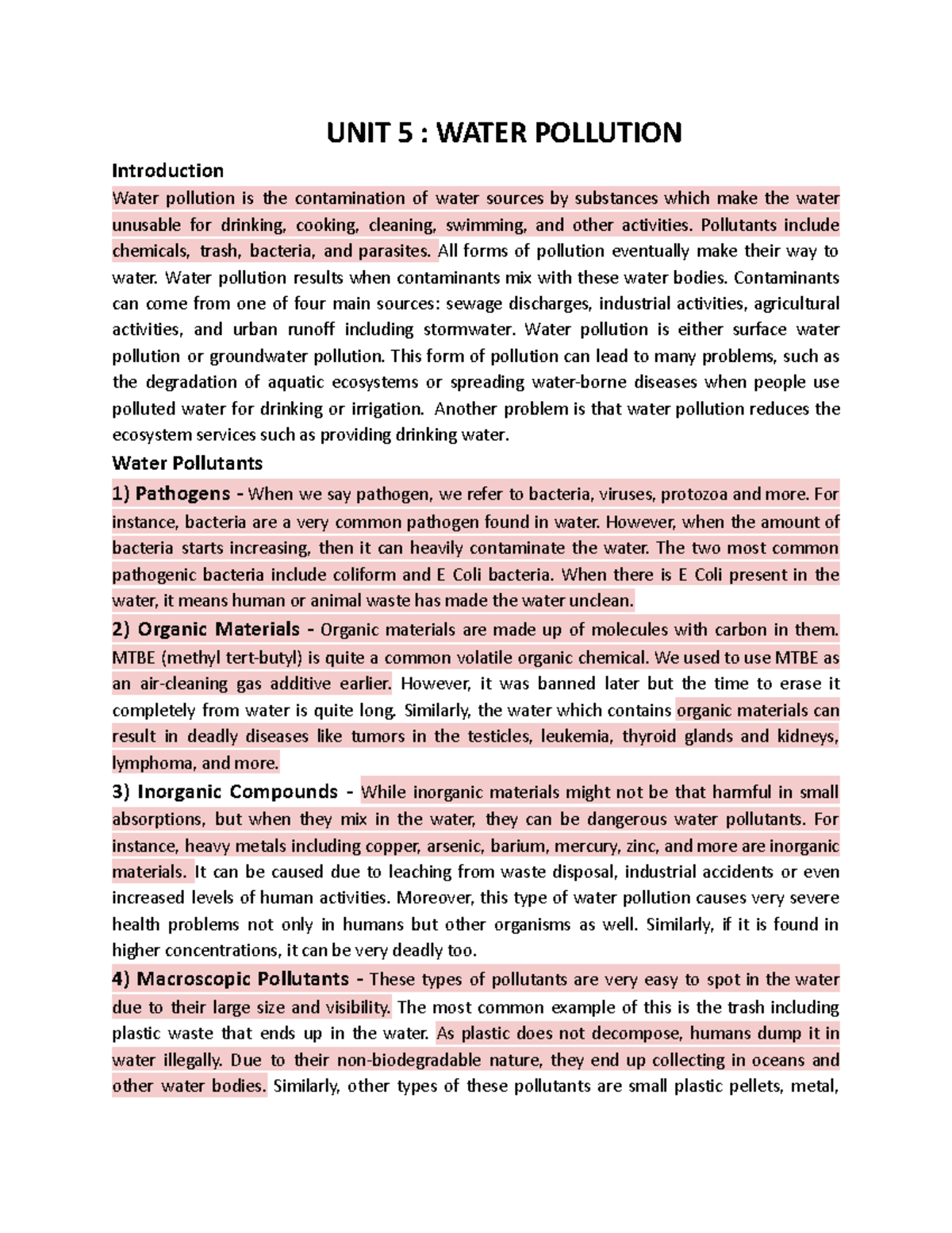 Water Pollution - UNIT 5 : WATER POLLUTION Introduction Water pollution ...