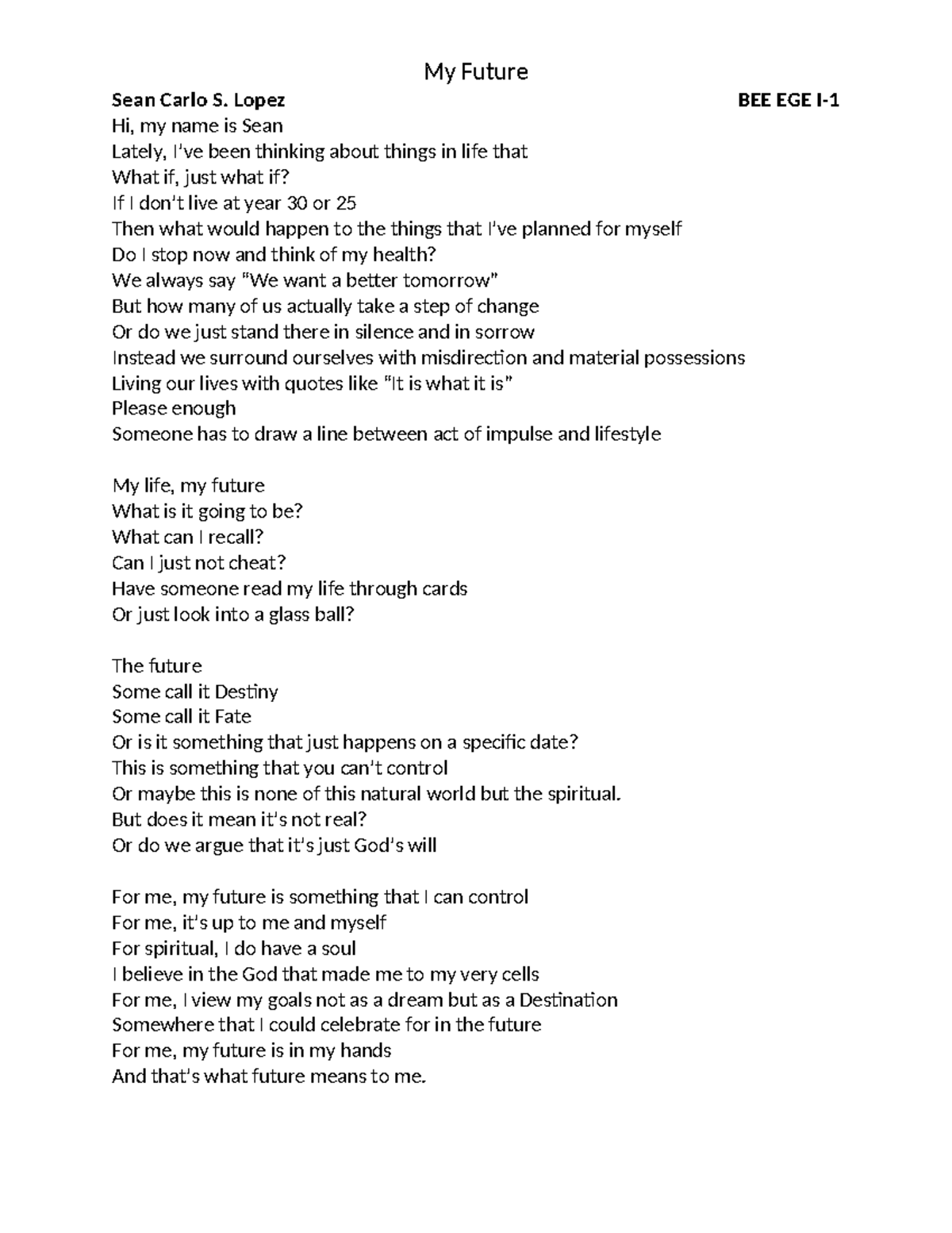 Purcom Script - My Future Sean Carlo S. Lopez BEE EGE I- Hi, my name is ...