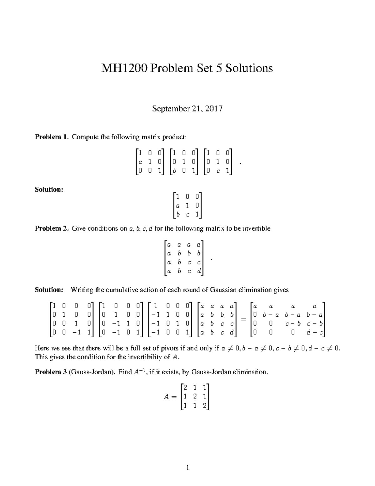 LA tut 5 - linear algebra assignment - MH1200 Problem Set 5 Solutions September 21, 2017 Problem ...