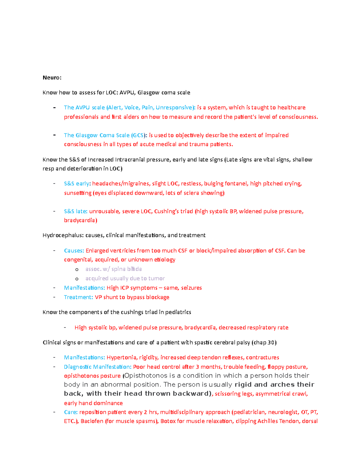 Review for test #4 - Neuro: Know how to assess for LOC: AVPU, Glasgow ...