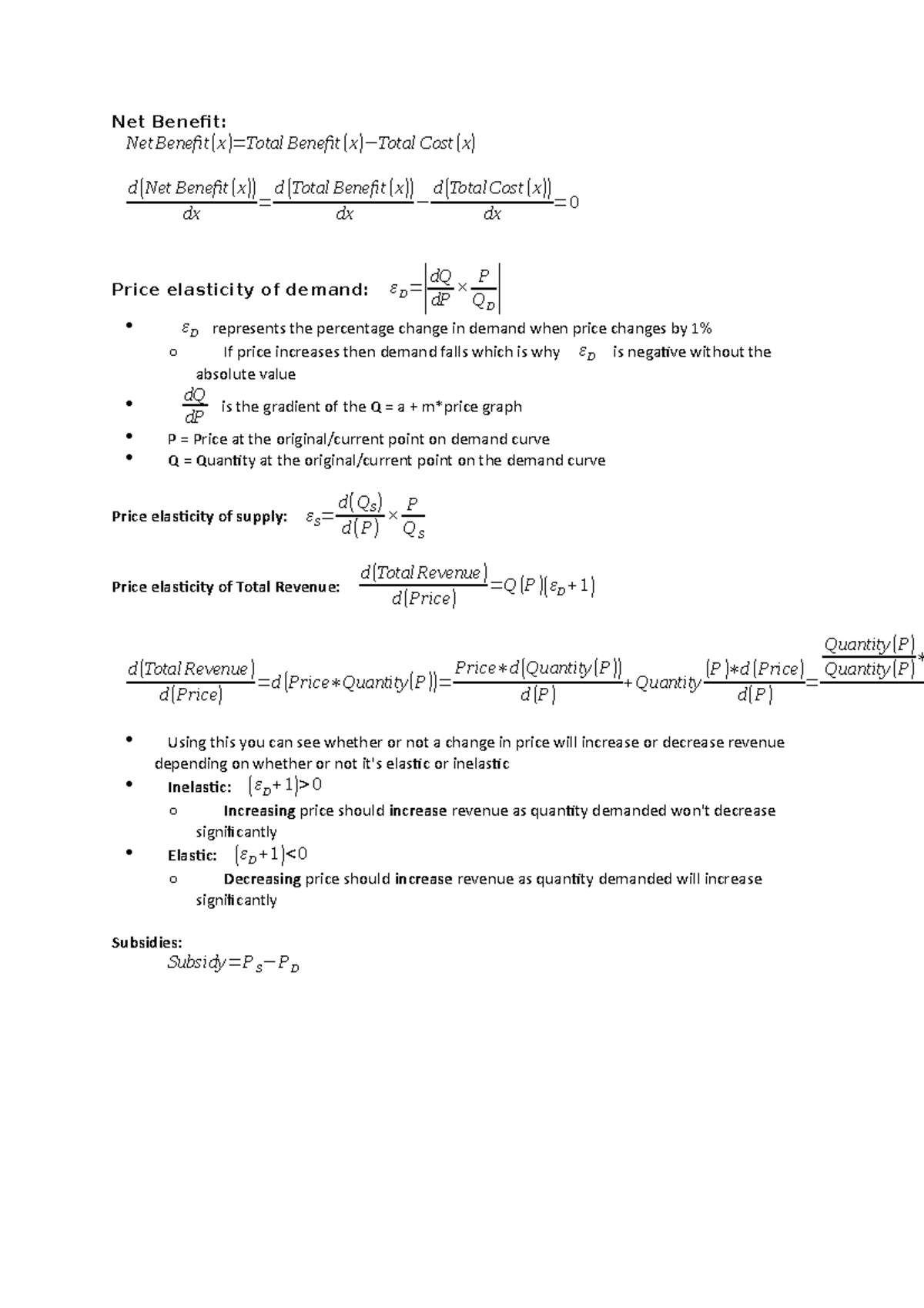 Formulas Price ElasticityFormulas - Net Benefit: Net Benefit ( x ...
