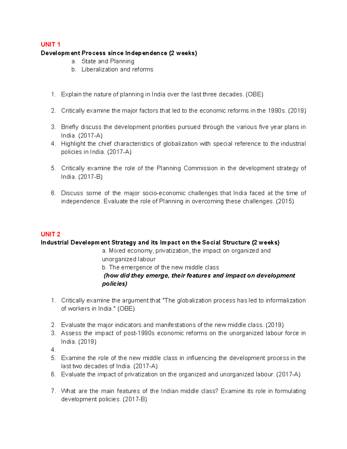 DPSM - Previous Year Questions DU - UNIT 1 Development Process since ...