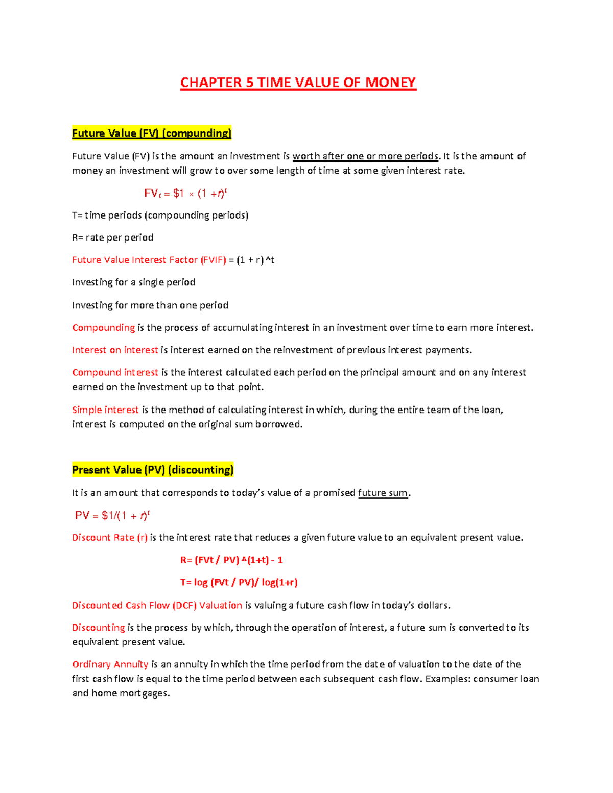 Time Value of Money - Lecture notes 3 - CHAPTER 5 TIME VALUE OF MONEY ...