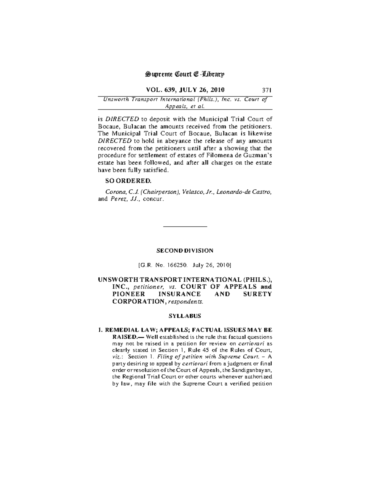 Unsworth Transport vs CA freight forwarders define and liability - 371 ...