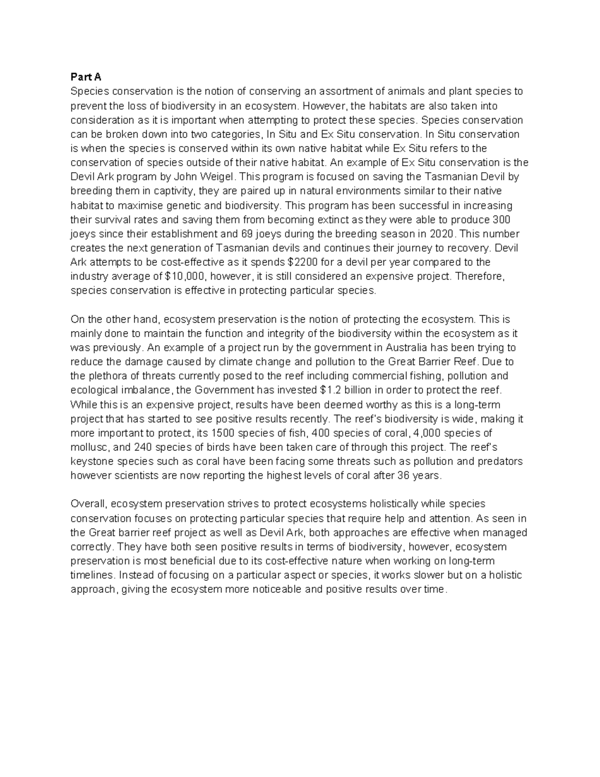 Biology Depth Study - Part A Species conservation is the notion of ...