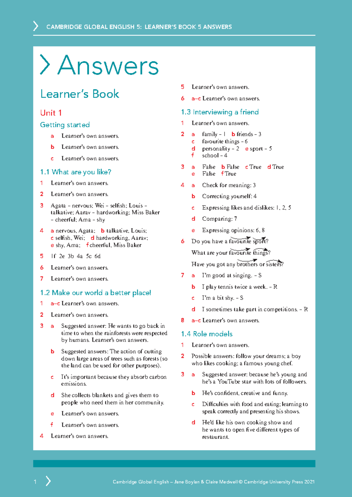 Grade 5 english learner book answer - Answers Learner’s Book Unit 1 ...