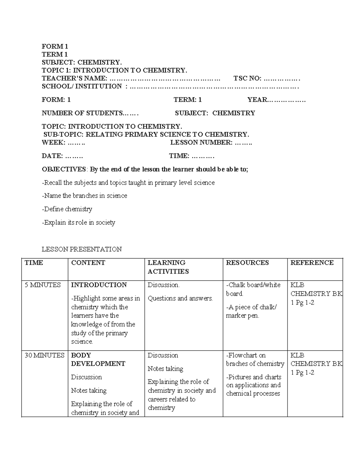 52 introduction to chemistry lesson plans form 1 chemistry term1 word ...
