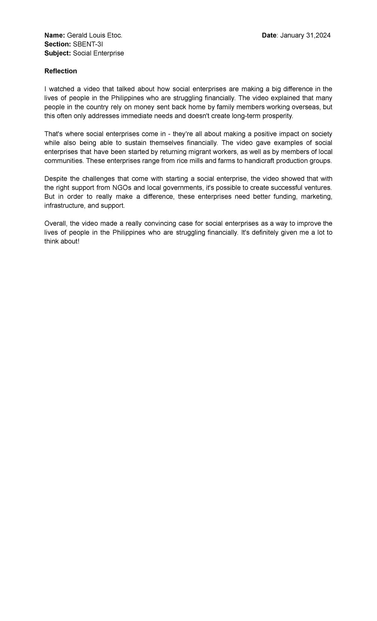 Social Enterprise Summary - Name: Gerald Louis Etoc. Date: January 31 ...