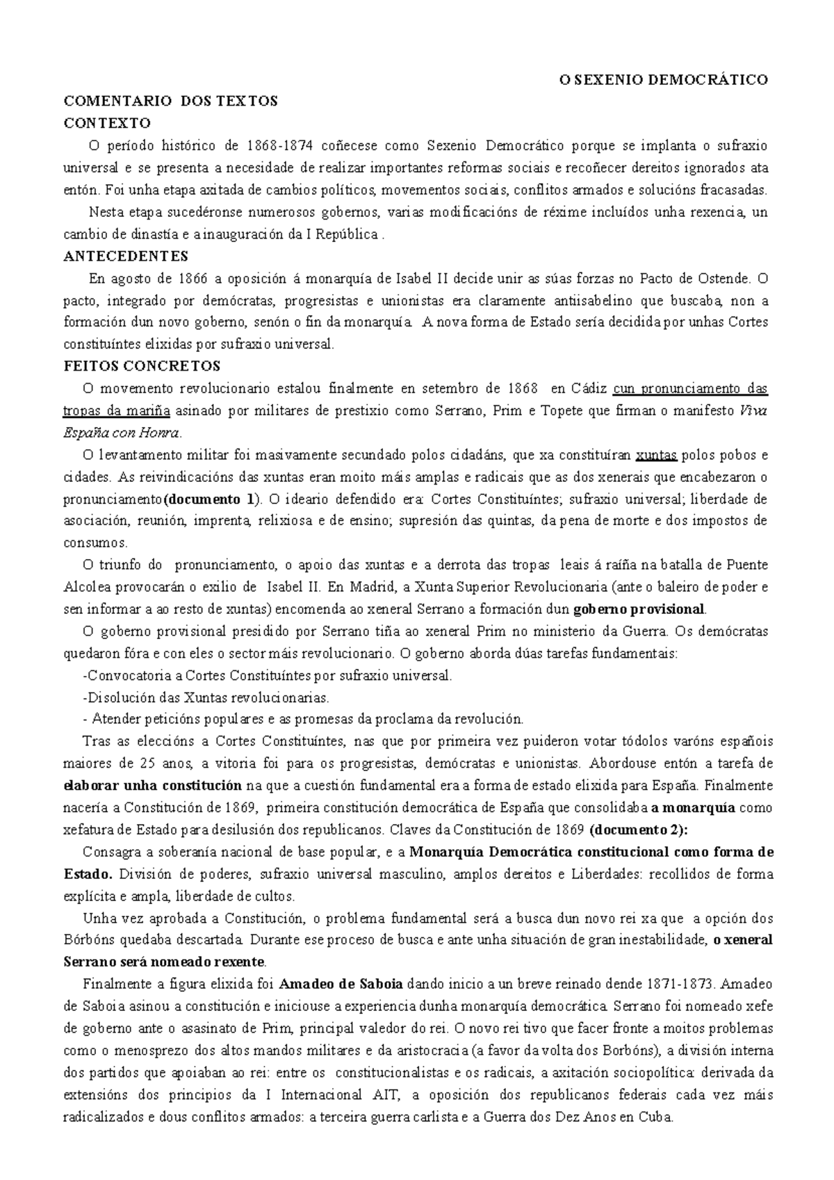 Comentario Sexenio - O SEXENIO DEMOCRÁTICO COMENTARIO DOS TEXTOS CONTEXTO O período histórico de ...
