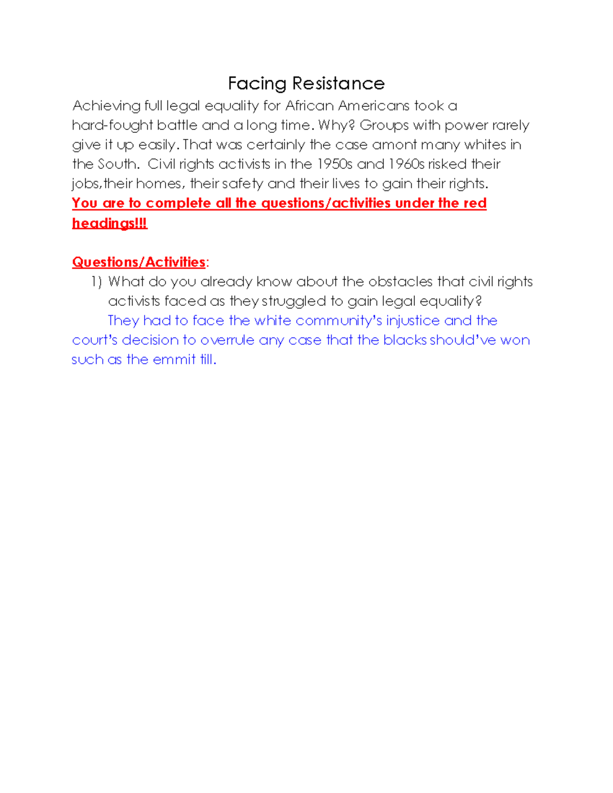 Facing Resistance - notes on how African Americans were affected in the ...