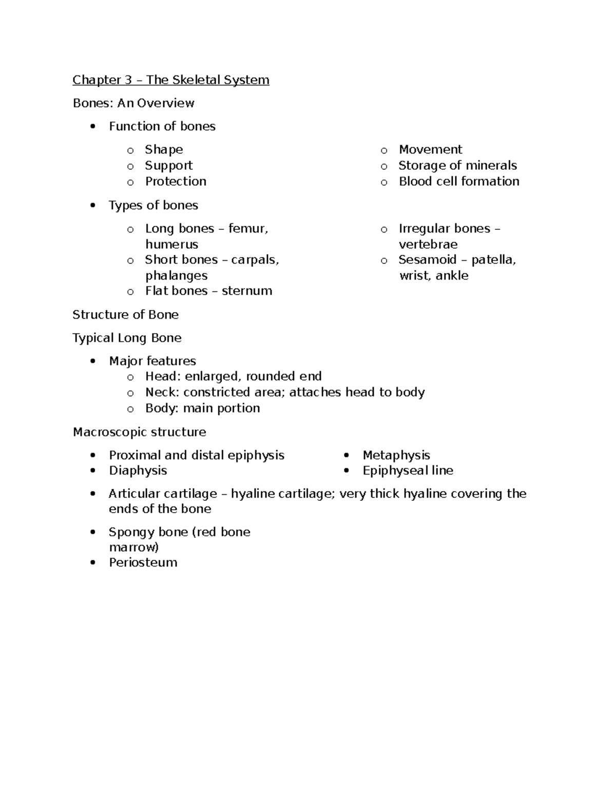 Chapter 3 - Ch 3 - Chapter 3 – The Skeletal System Bones: An Overview ...